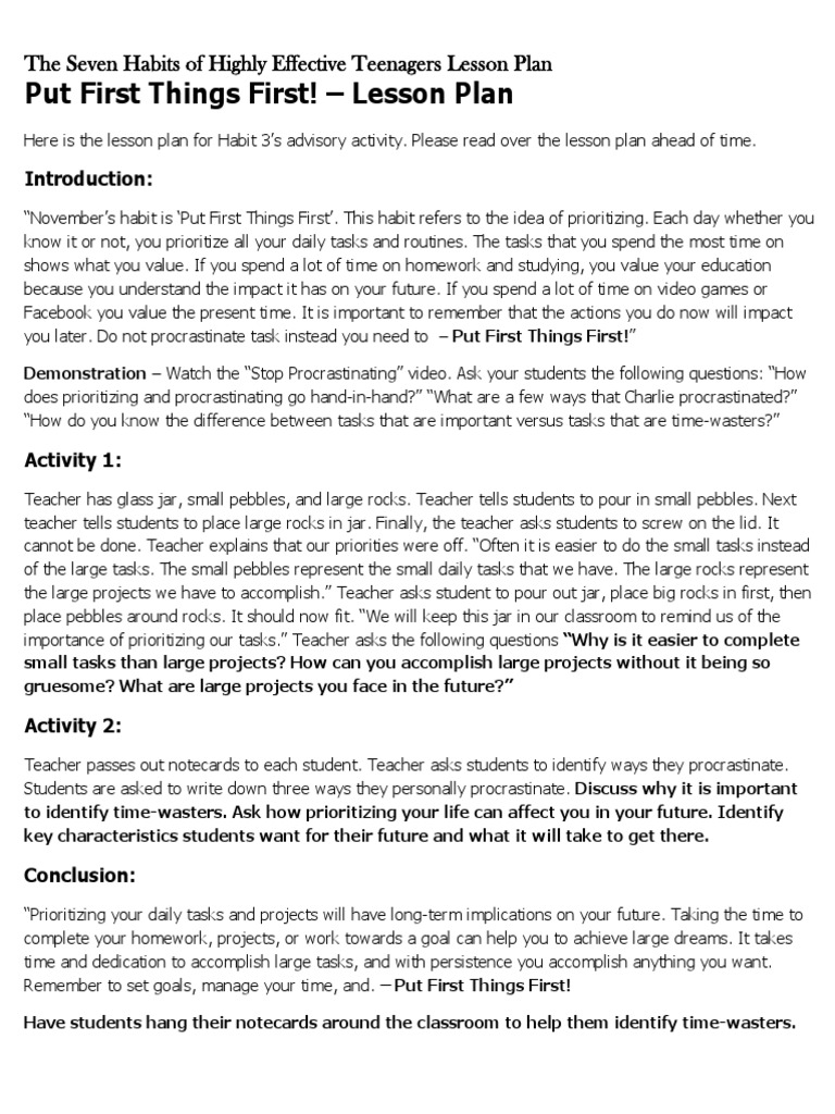 Habit 3 - Put First Things First PDF | PDF