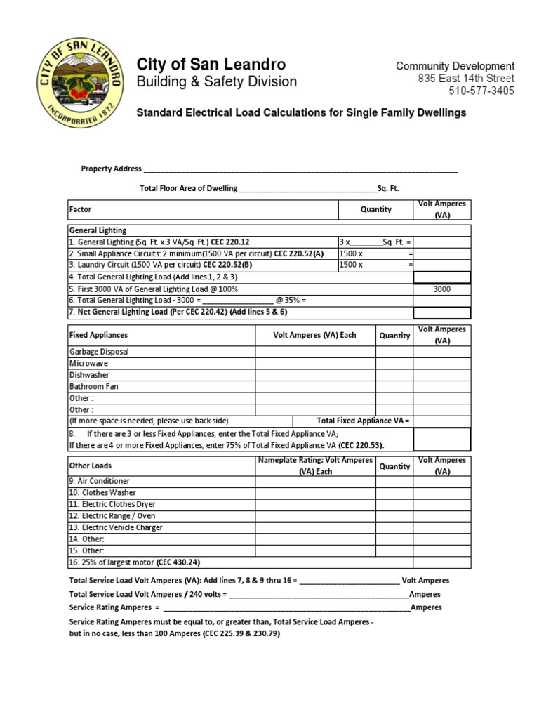 Electrical Load Calculation Form (PDF) | PDF