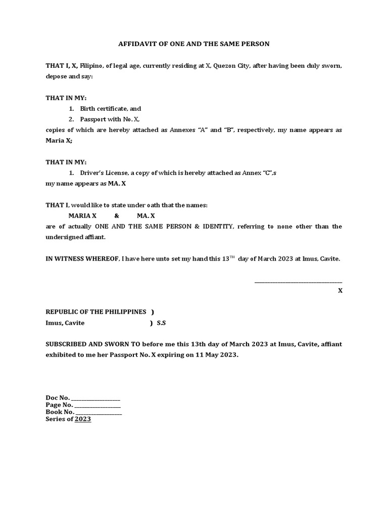 Affidavit of One and The Same Person | PDF