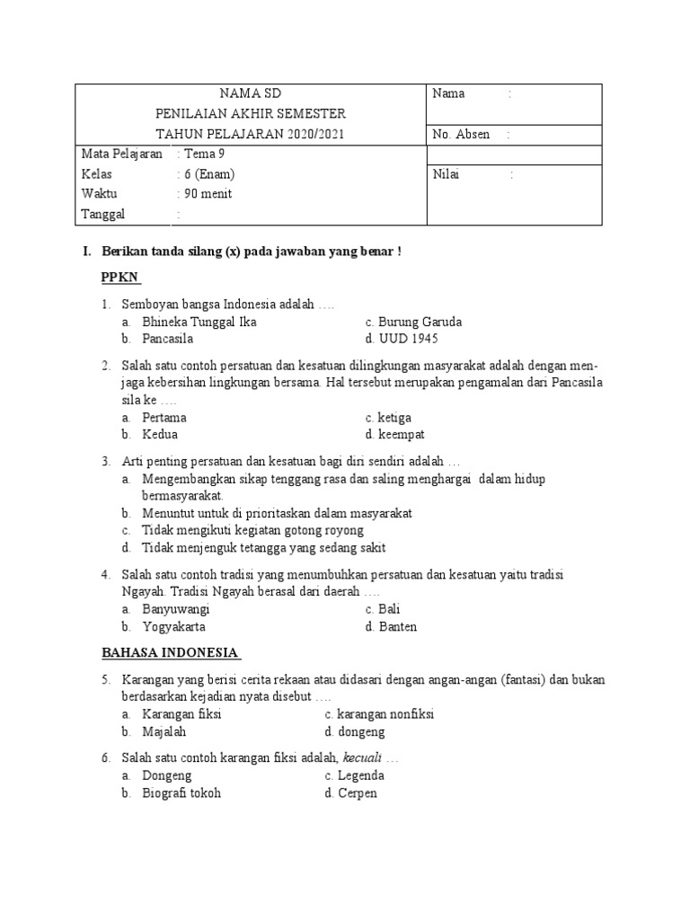 Soal Pas Kelas 6 Tema 9 | PDF