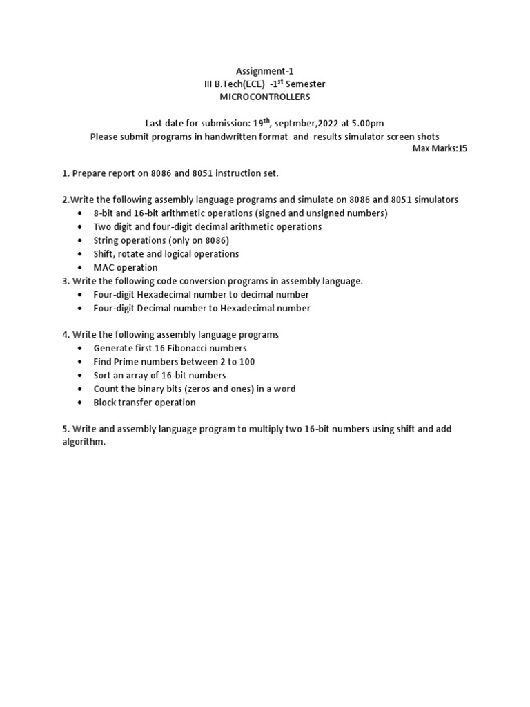 Microcontroller Assignment: 8086 & 8051 | PDF