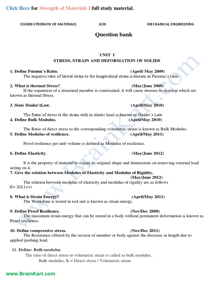 075 - CE8301, CE6306 Strength of Materials I - Important Questions PDF ...