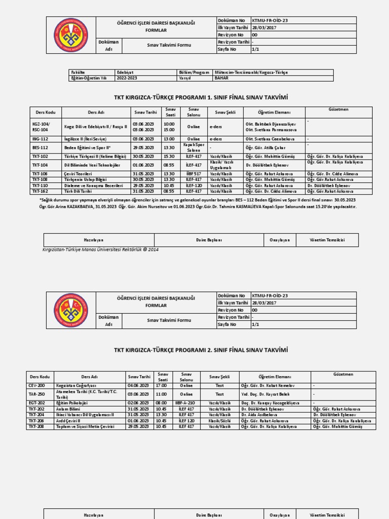 MTRB Final SINAV TAKVİMİ (2022-2023 Bahar) | PDF