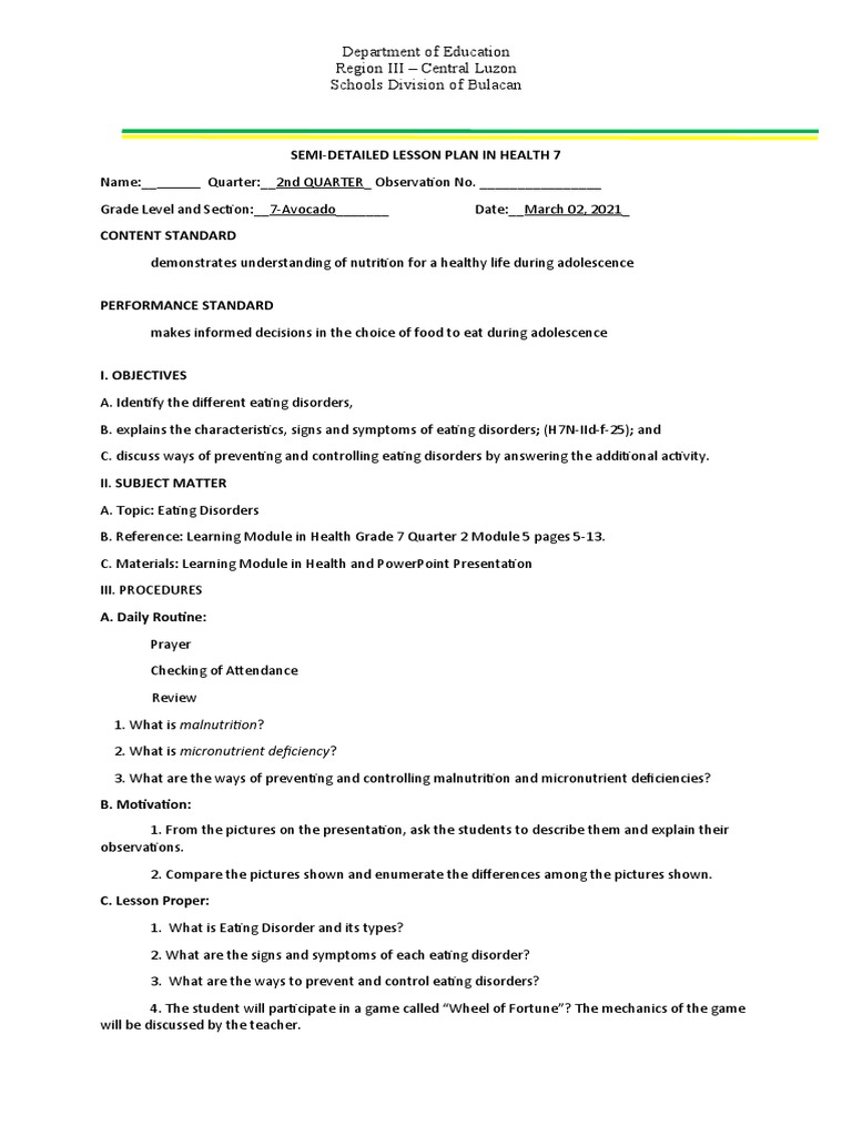 Health and Wellness Lesson Plans for Grade 7 | PDF