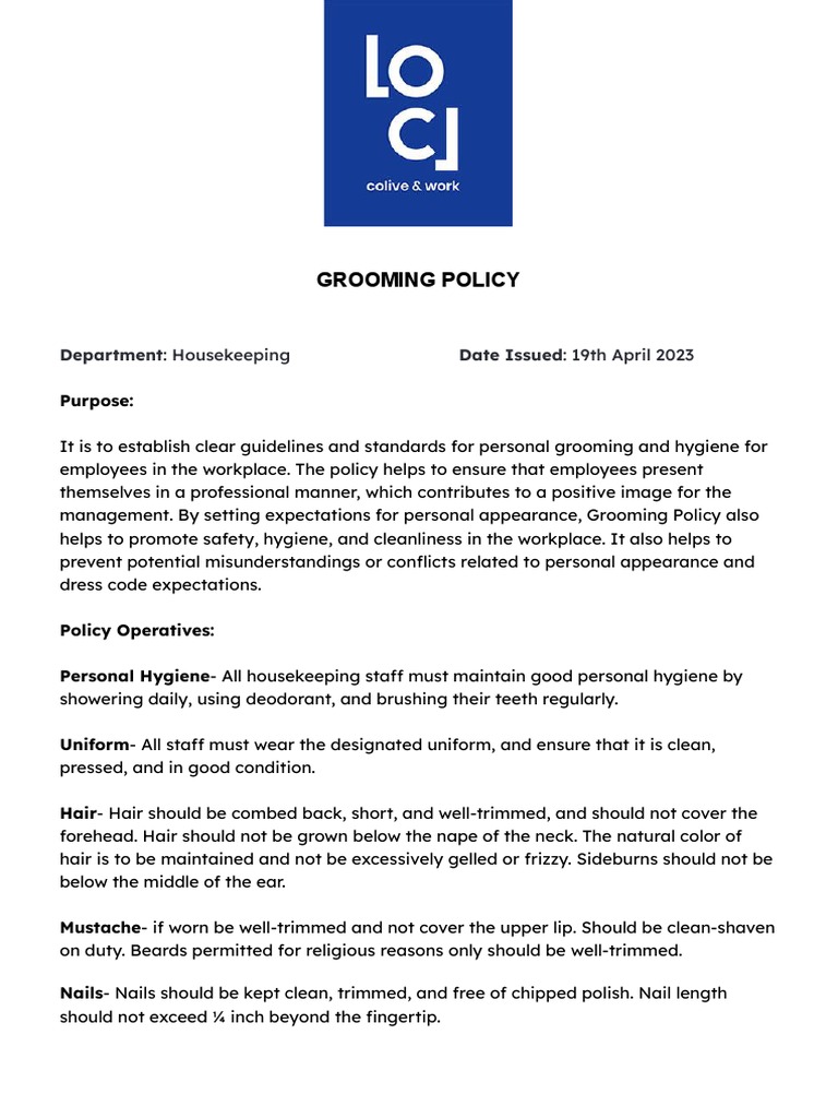 Housekeeping Grooming Policy Guidelines | PDF
