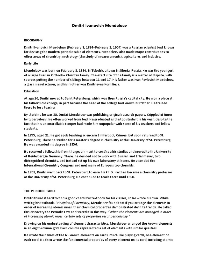 The Father of the Periodic Table: A Biography of Dmitri Mendeleev and ...