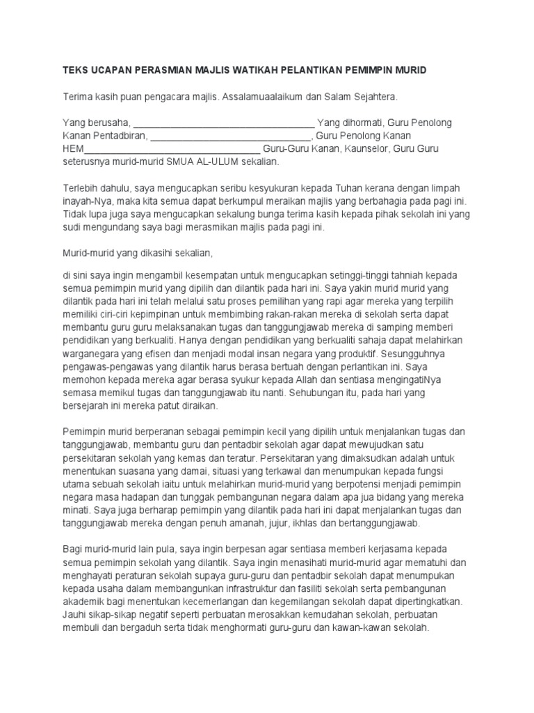 Teks Ucapan Perasmian Majlis Watikah Pelantikan Pemimpin Murid | PDF