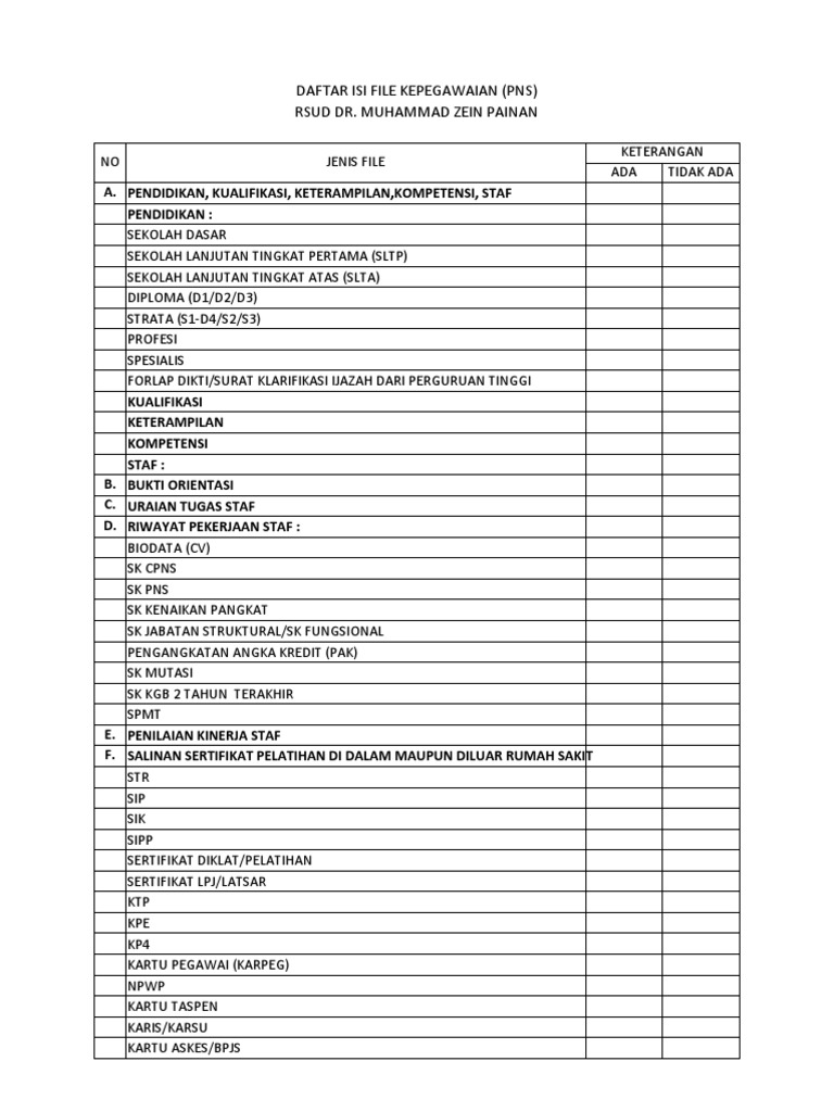 Daftar Isi File Kepegawaian | PDF