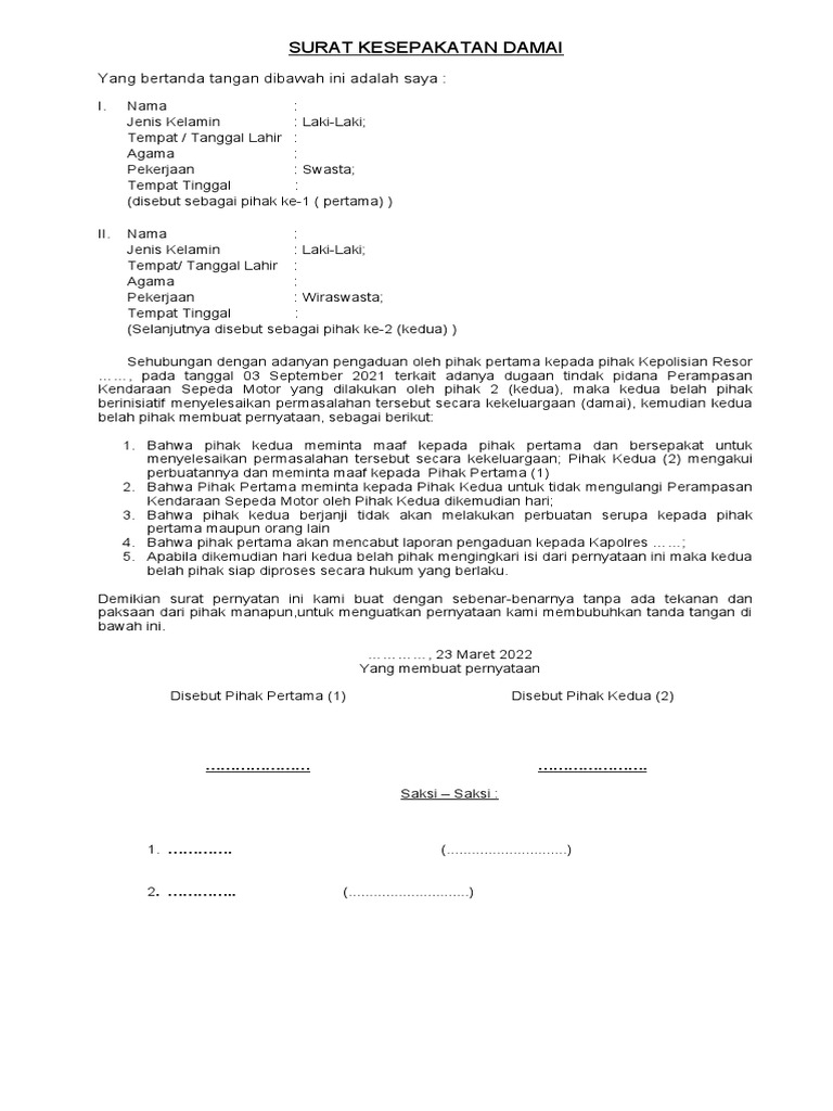 Contoh Surat Pernyataan Damai | PDF