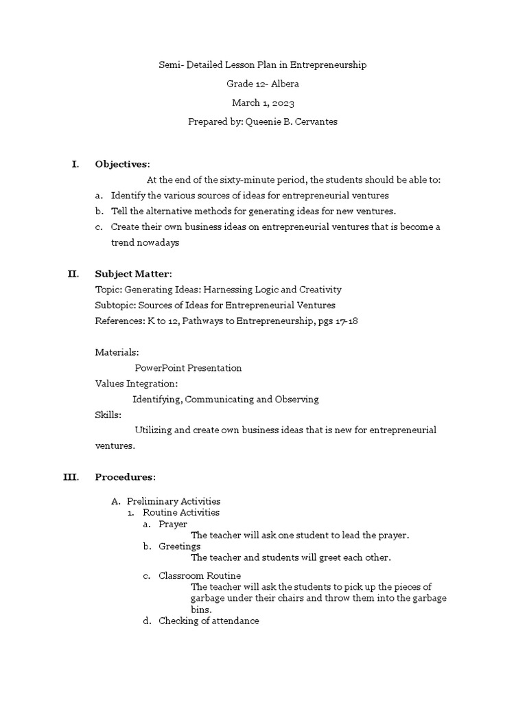 Lesson Plan: Generating Business Ideas | PDF | Entrepreneurship | Teachers