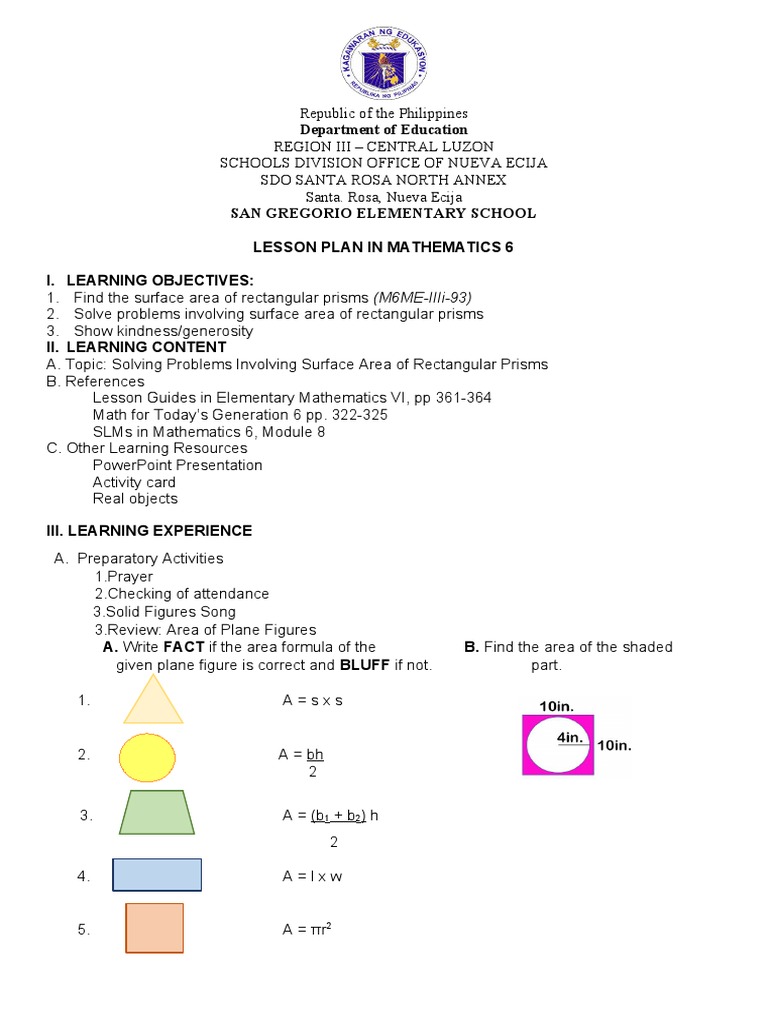 Surface Area Lesson Plan | PDF