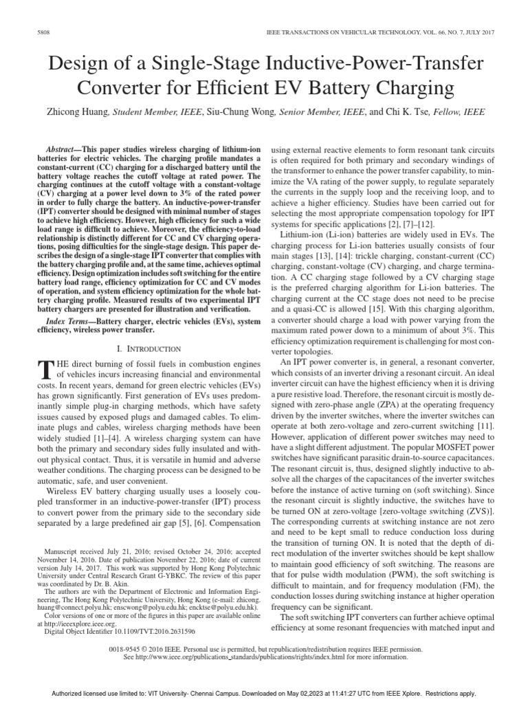 Design of A Single-Stage Inductive-Power-Transfer Converter For Efficient EV Battery Charging ...