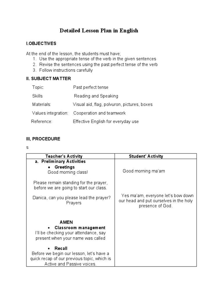 Past Perfect Tense Lesson Plan | PDF | Verb | Perfect (Grammar)