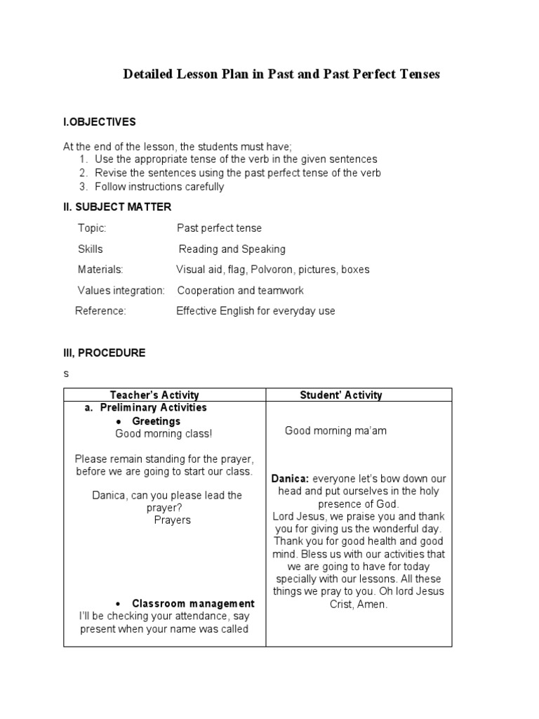 Detailed Lesson Plan Past and Past Perfect Tenses in Journalistic ...