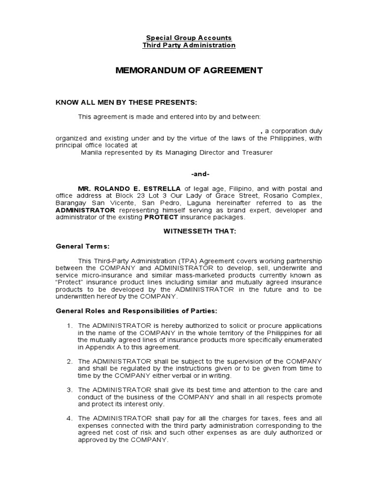 Memorandum of Agreement - Special Group Account - Third Party ...