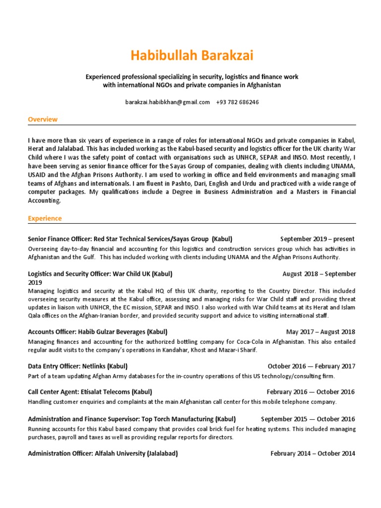 Habibullah - Resume 12032021 | PDF | Afghanistan | Kabul
