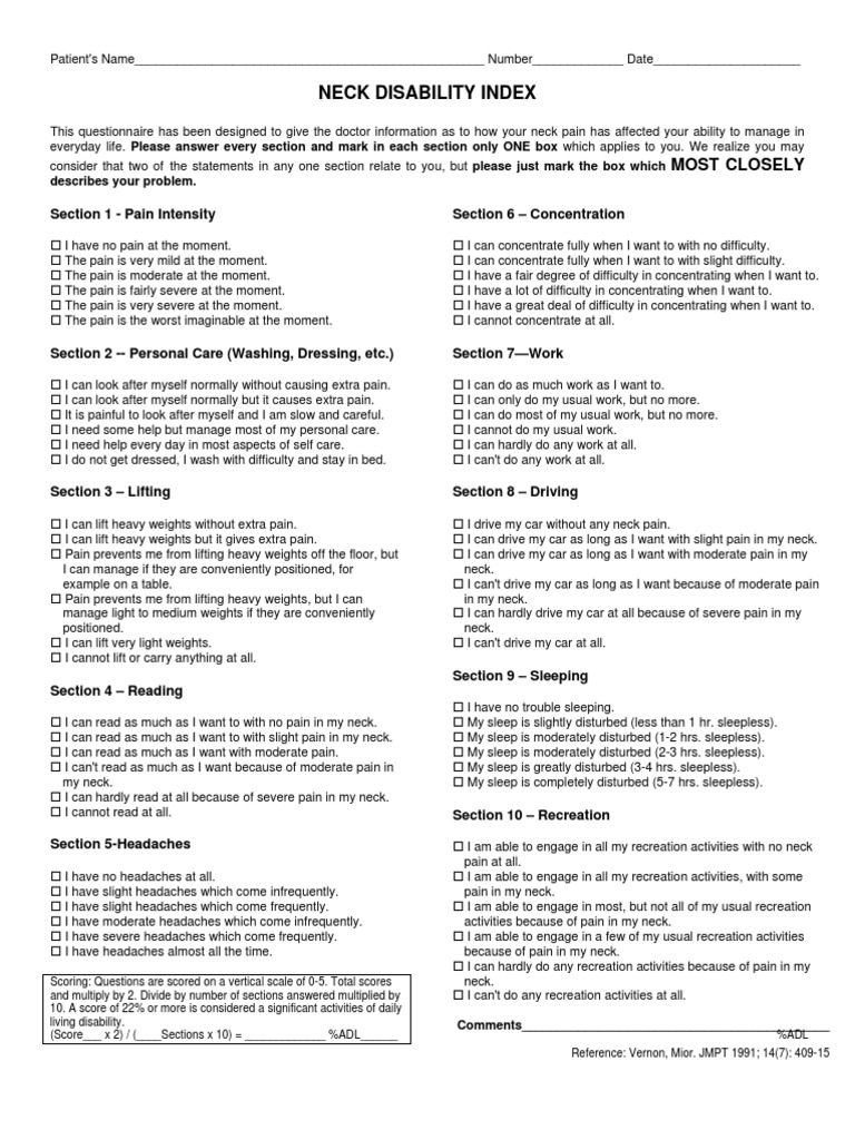 Neck Pain Index Questionnaire | PDF | Pain | Human Diseases And Disorders