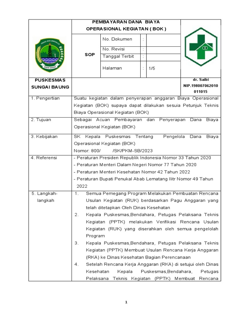 SOP PEMBAYARAN DANA BIAYA OPERASIONAL KEGIATAN ( BOK ).doc | PDF