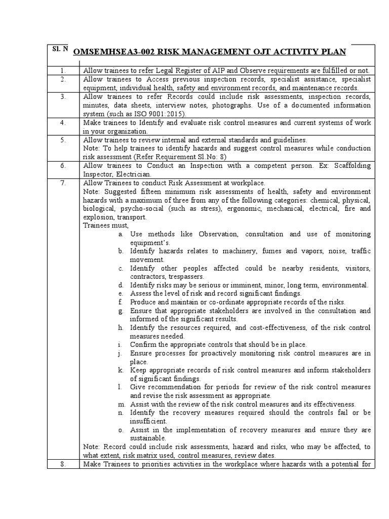 OJT-Unit 2 - OMSEMHSEA3-002 - Risk Management - Activity Plan | PDF