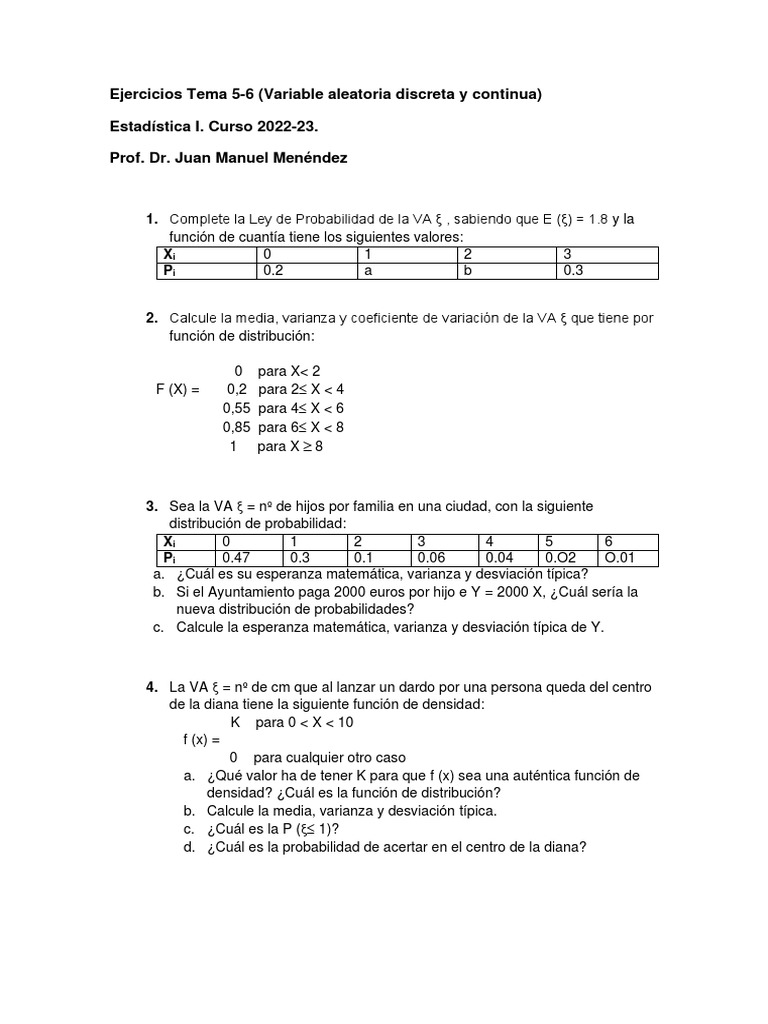 Problemas Tema 5-6 Estadística 1. Curso 2022-23 | PDF