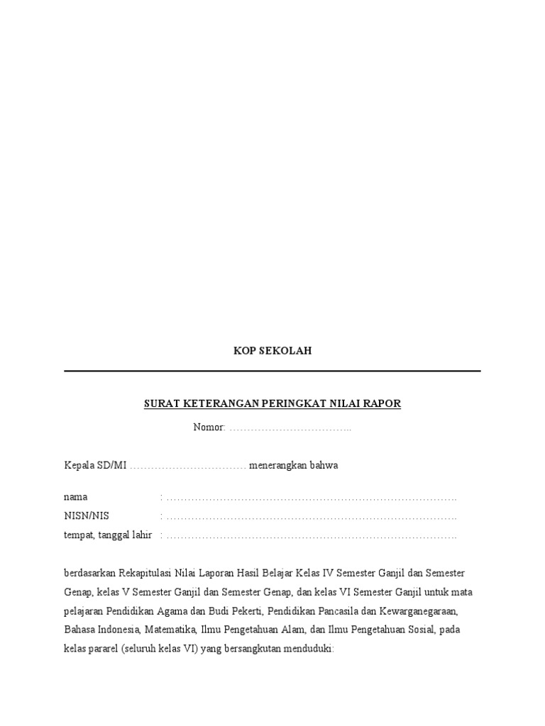 Surat Keterangan Peringkat Nilai Rapor | PDF