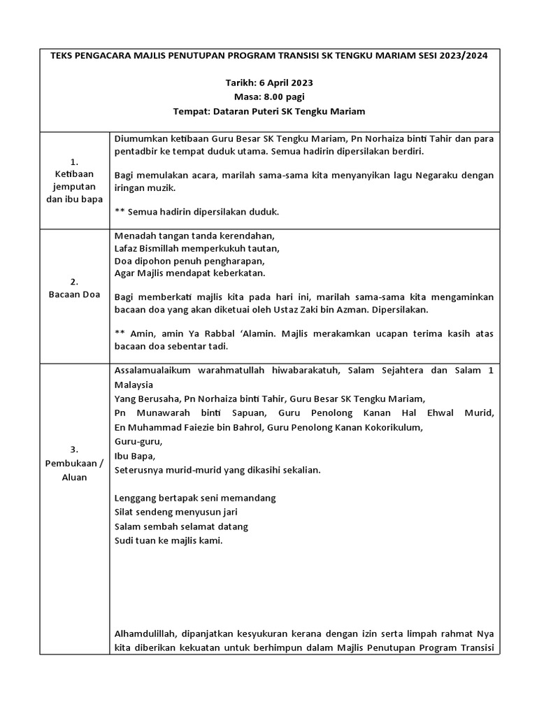 Teks Pengacara Majlis Minggu Transisi Tahun 1 | PDF