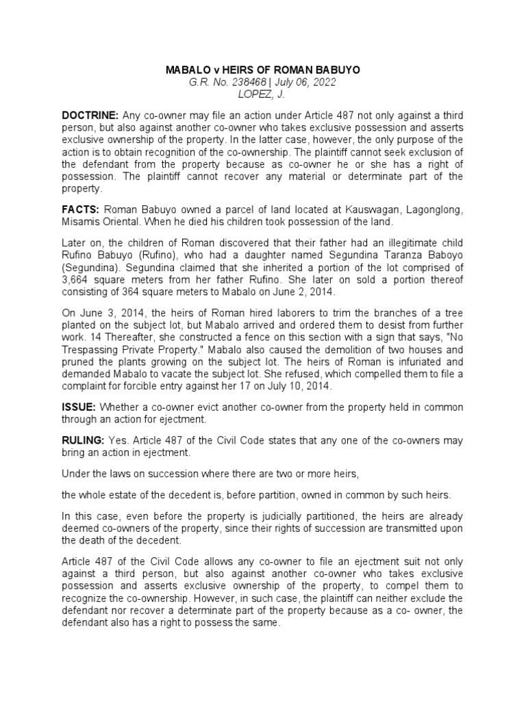 MABALO V HEIRS OF ROMAN BABUYO | PDF | Politics