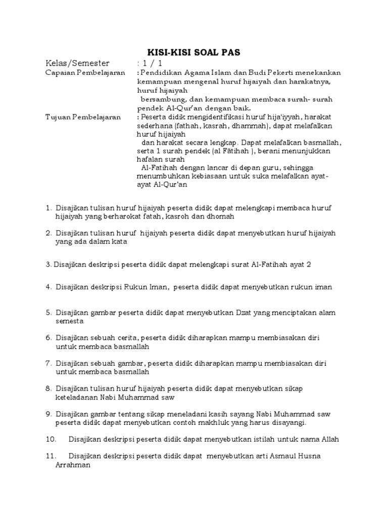KISI-kisi Kelas 1 | PDF | Seni & Disiplin Bahasa