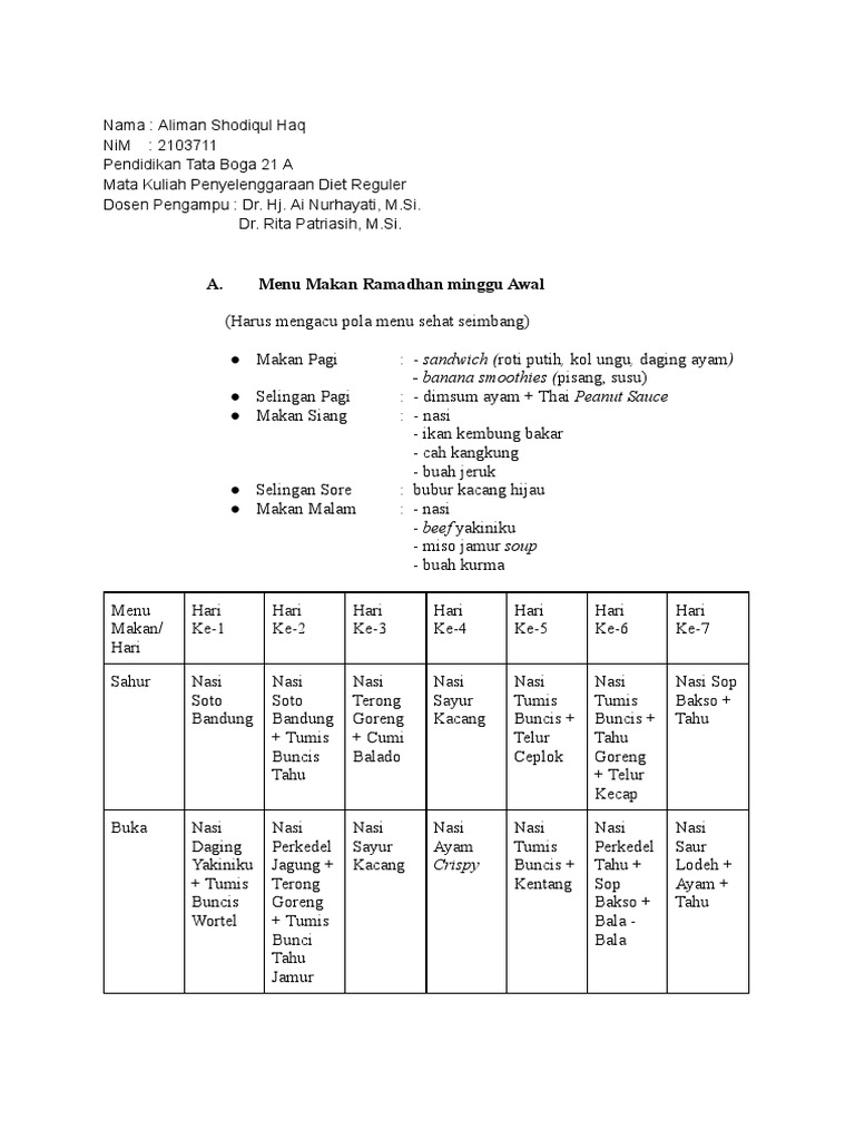Menu Harian Diet Ramadhan | PDF
