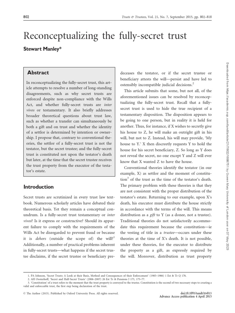 Reconceptualizing Fully-Secret Trusts | PDF | Social Science