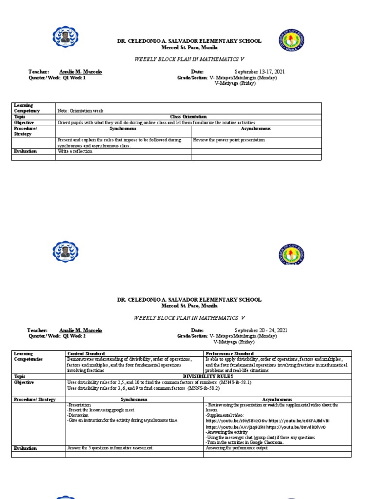 Q1 - Block-Plan - Math 5 | PDF | Multiplication | Teachers