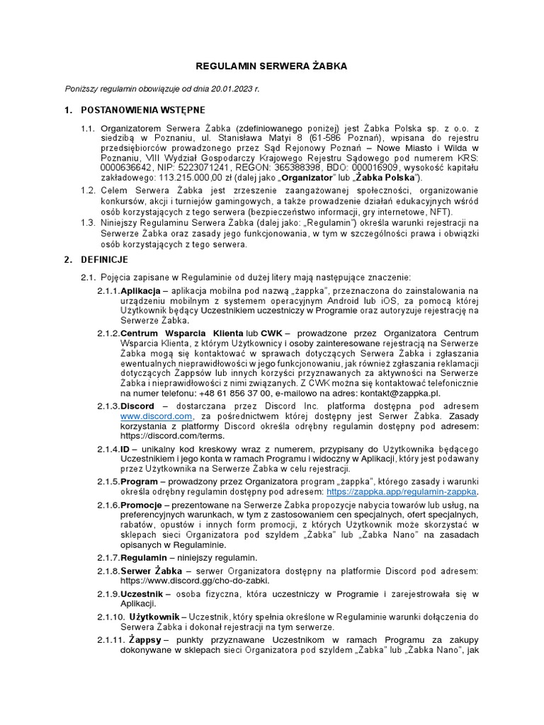 Regulamin Serwera Zabka Discord PDF | PDF