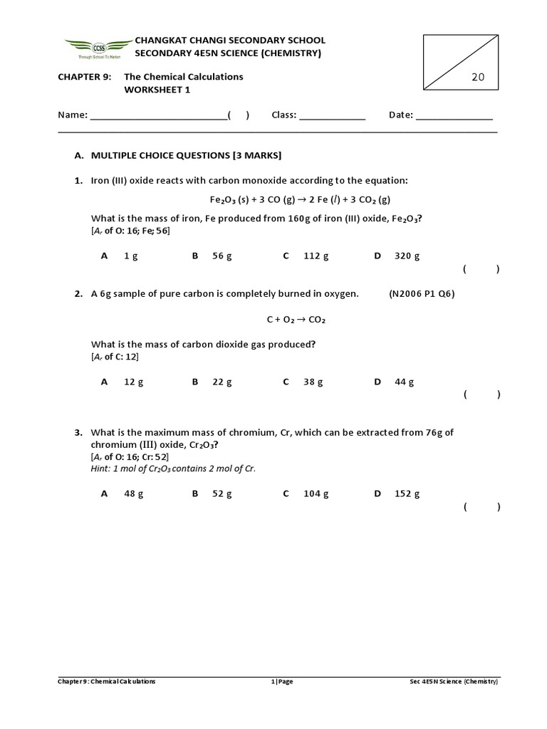 Chemical Calculations Worksheet | PDF