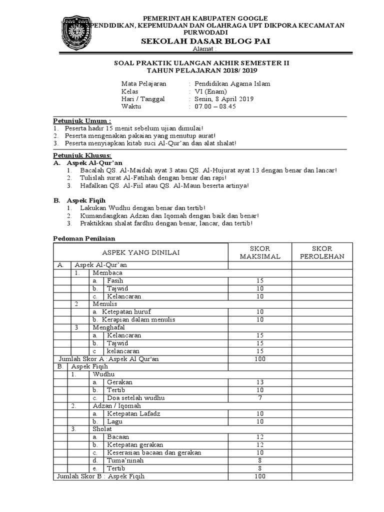 Soal Praktik PAI Kelas 6 | PDF