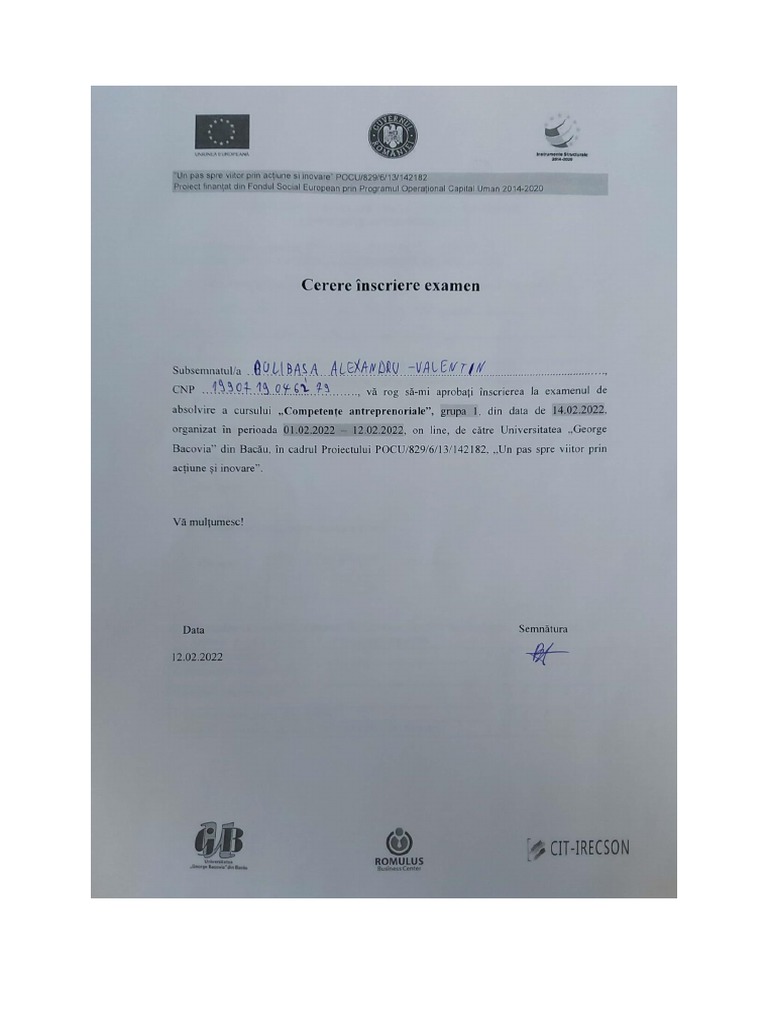 Cerere Inscriere Examen - Bulibasa Alexandru Valentin PDF | PDF
