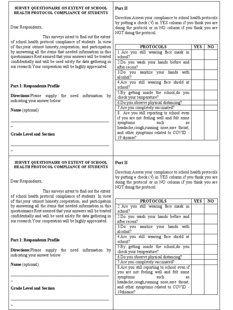 Survey Questionaire On Extent of School Health Pro | PDF ...