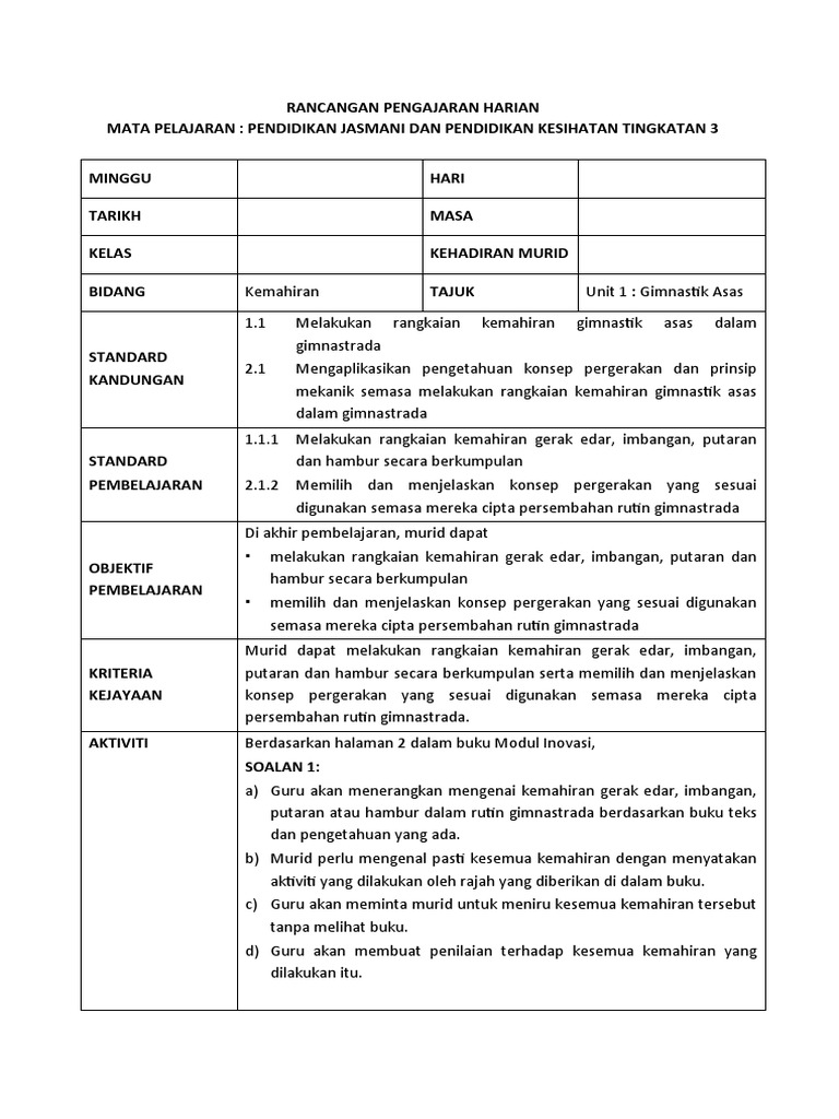 RPH PJPK T3 (Jasmani) UNIT 1 | PDF