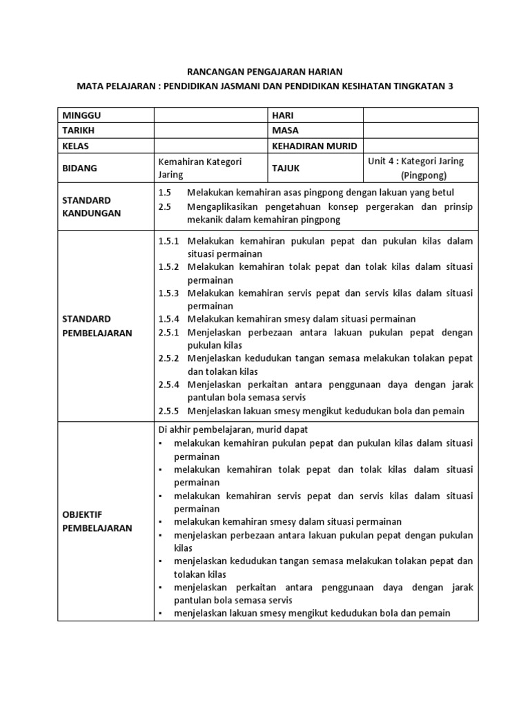 RPH PJPK T3 (Jasmani) UNIT 4.1 | PDF