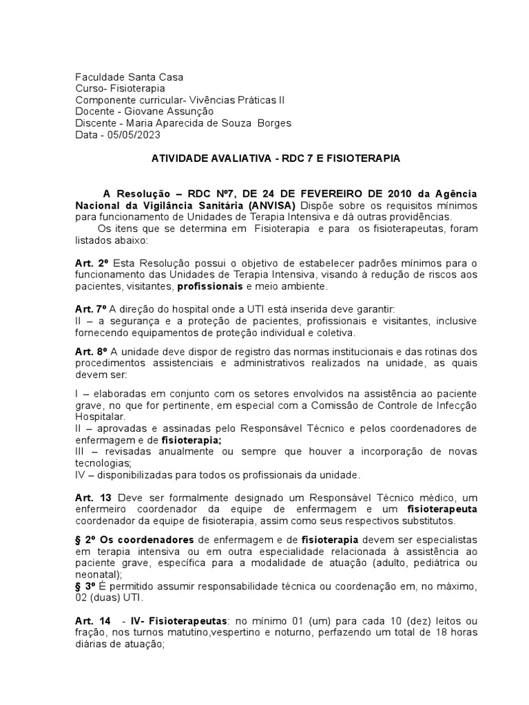 Atividade Avaliativa - RDC 7 e Fisioterapia | PDF