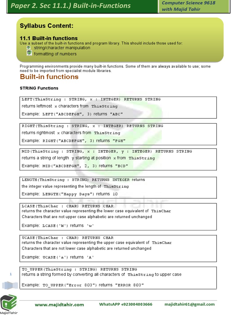 11.1 Built in Functions (PSEUDOCODES) MT-L PDF | PDF | Boolean Data ...