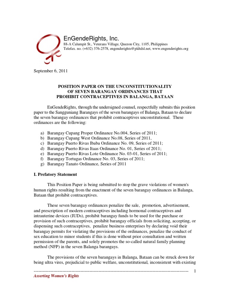EnGendeRights Position Paper Sept 6 Brgy | PDF | Birth Control ...
