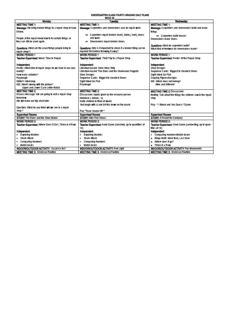 Kindergarten Week 33 Daily Plans | PDF