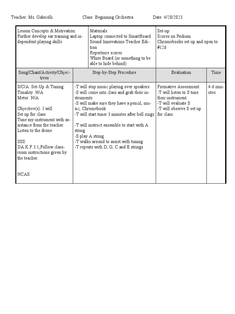 Beginning Orchestra Lesson Plan Overview | PDF | Language Arts ...