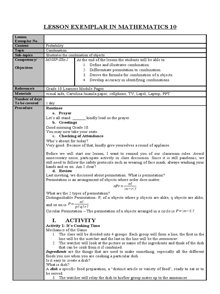 Lesson Exemplar in Combination | PDF