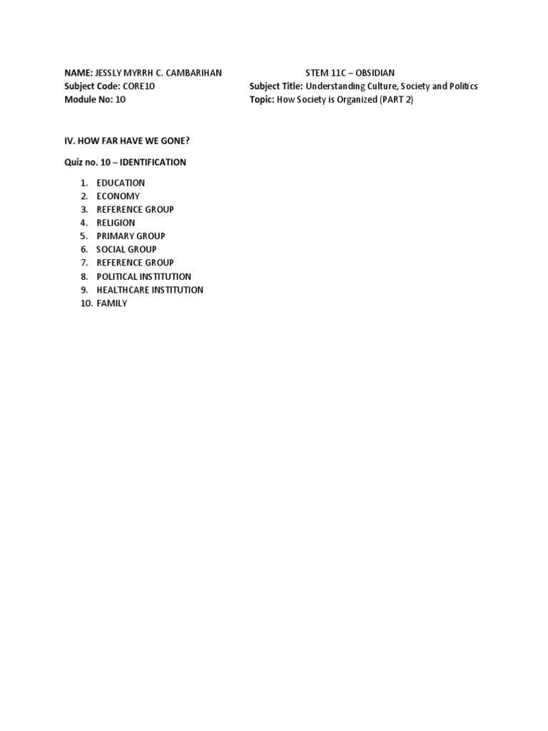CAMBARIHAN, JESSLY MYRRH C. CORE 10 Module 10 | PDF | Social Science