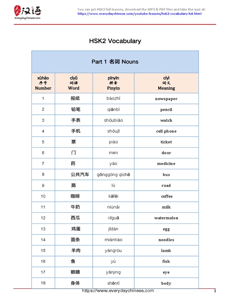 HSK 2 Vocabulary List PDF | PDF