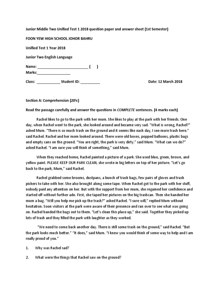 Junior Two English Test Answer Key | PDF