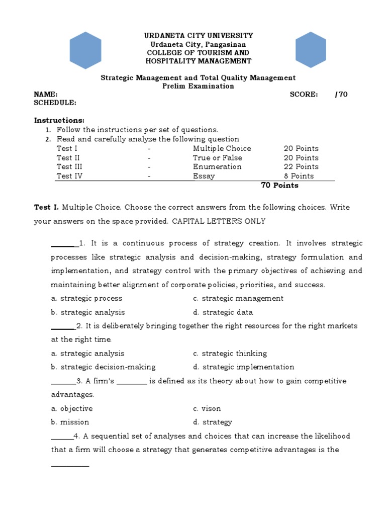 Strategic Management Prelim Exam Guide | PDF