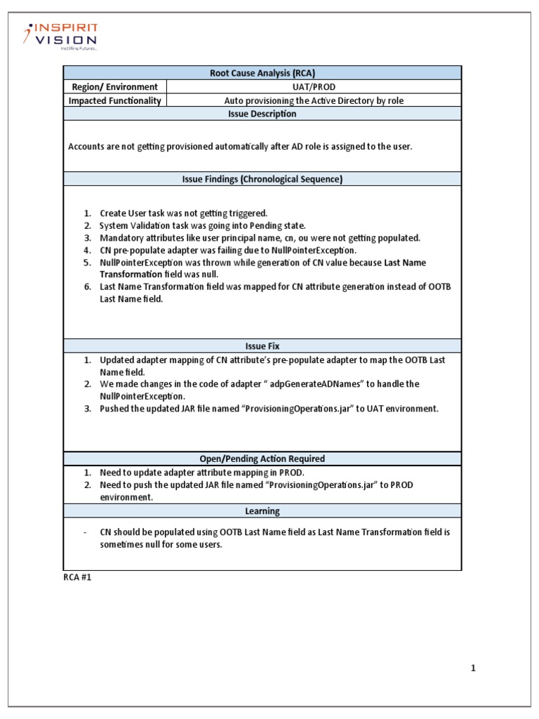 RCA For Issue # 1 | PDF