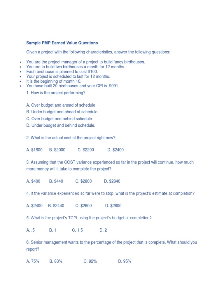 Sample PMP Earned Value Questions | PDF